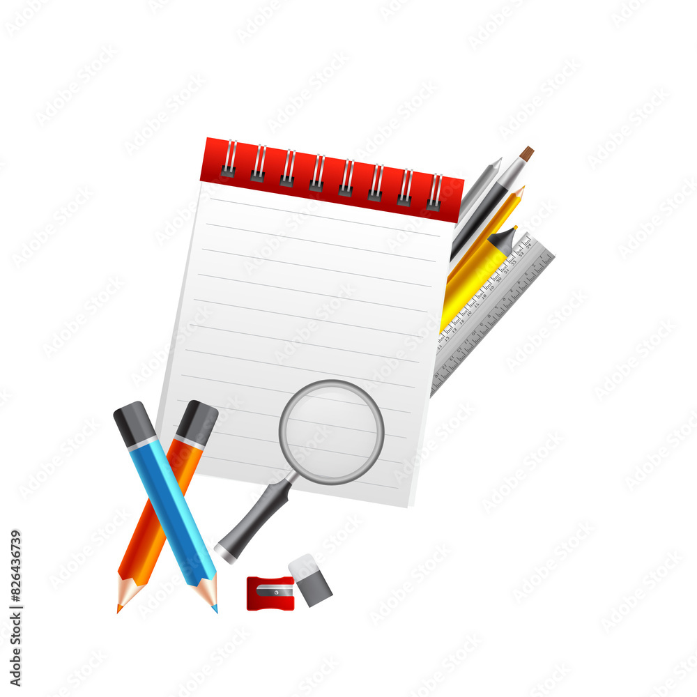 Blank notebook with school supplies elements on png background, Back To ...