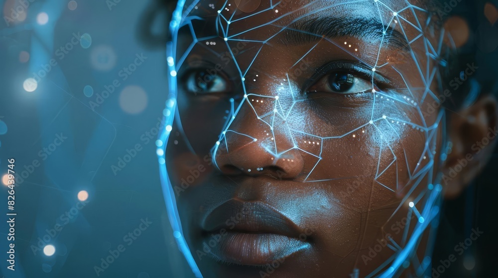 african american female face with digital lines and nodes representing ...