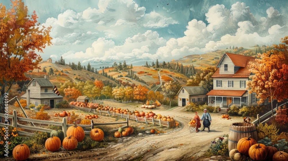 Autumn Harvest: Illustrate a vibrant autumn harvest scene with farmers ...