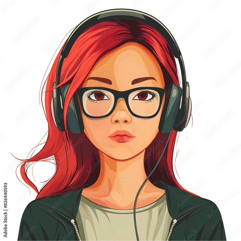 asian girl with red hair wearing headphones and glasses . Clipart PNG ...