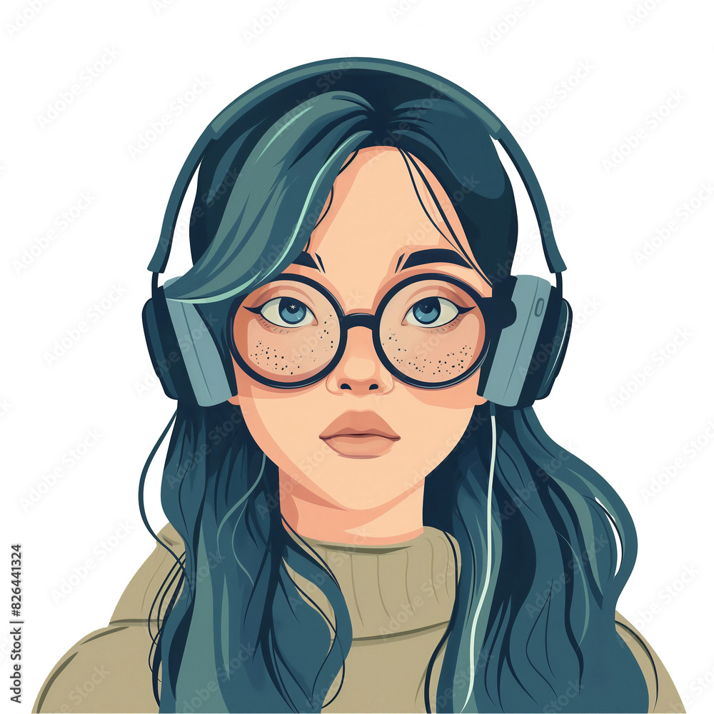 asian girl with blue hair wearing headphones and glasses . Clipart PNG ...