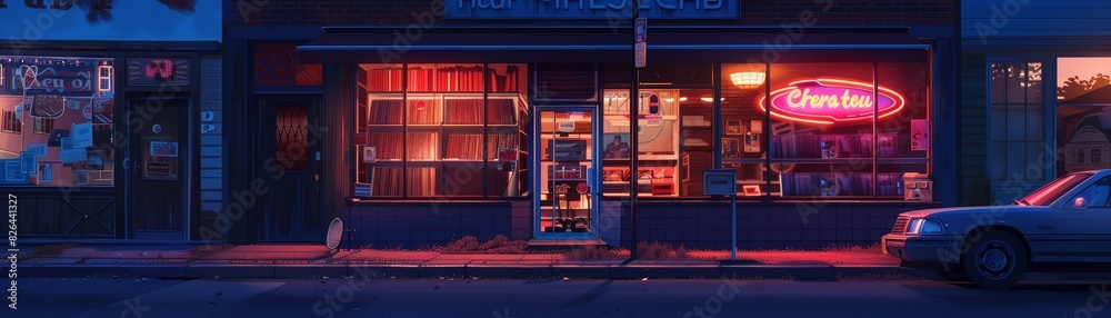 Exterior of a classic CD rental store with neon signage, street view at ...