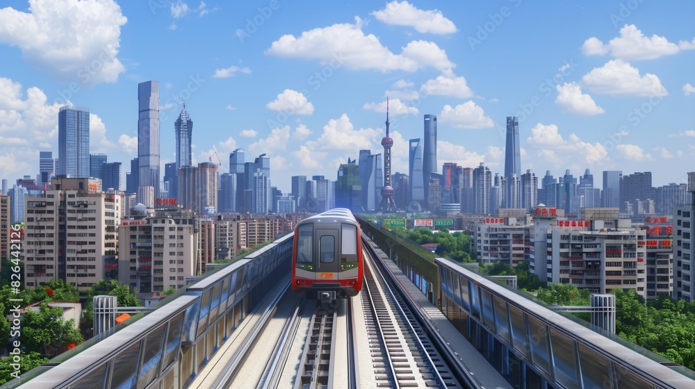 Chinese City Subway with Urban Background, Blue Sky, and Outdoor ...