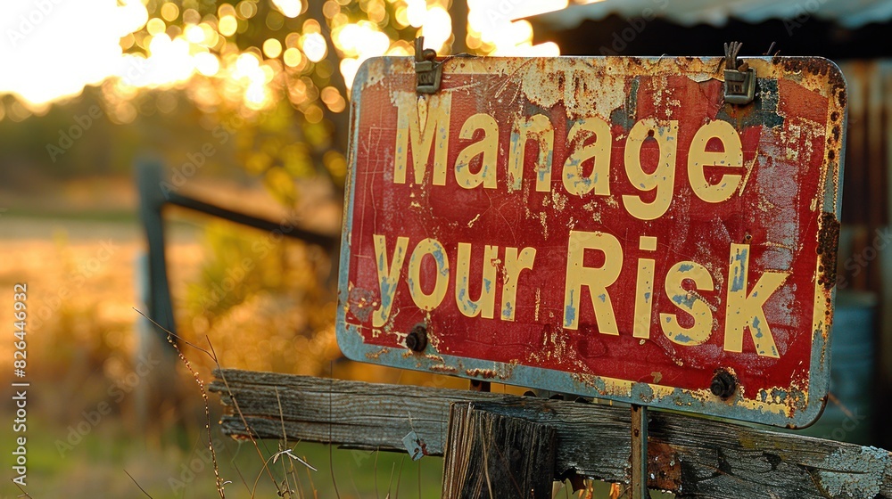 Manage Your Risk. A weathered, rusted sign with the words manage your ...