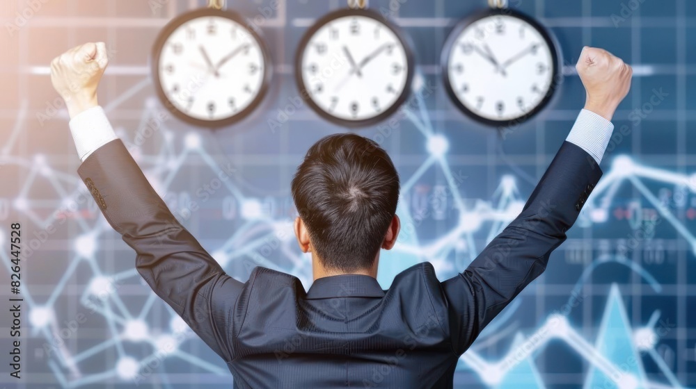 Time for success. A man in a suit raising his arms in front of multiple ...