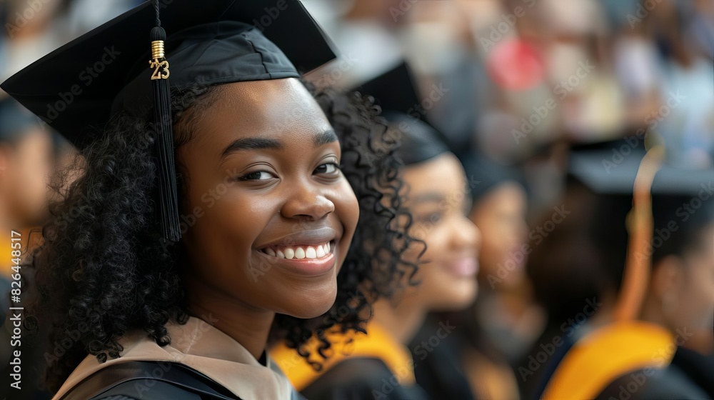 joyful young black woman graduate laughing crowd of graduates ...