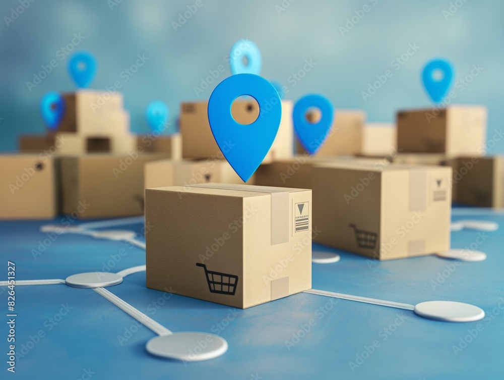 Cardboard boxes with shopping cart icons and blue location pins ...