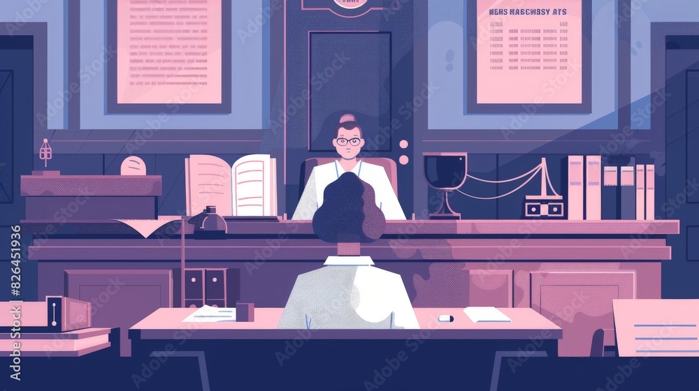 A flat design court reporter character in 2D flat style, depicted ...