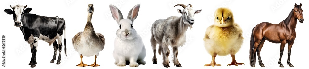 Set of 6 farm barn animal family, black white cow, goose, chick, white ...