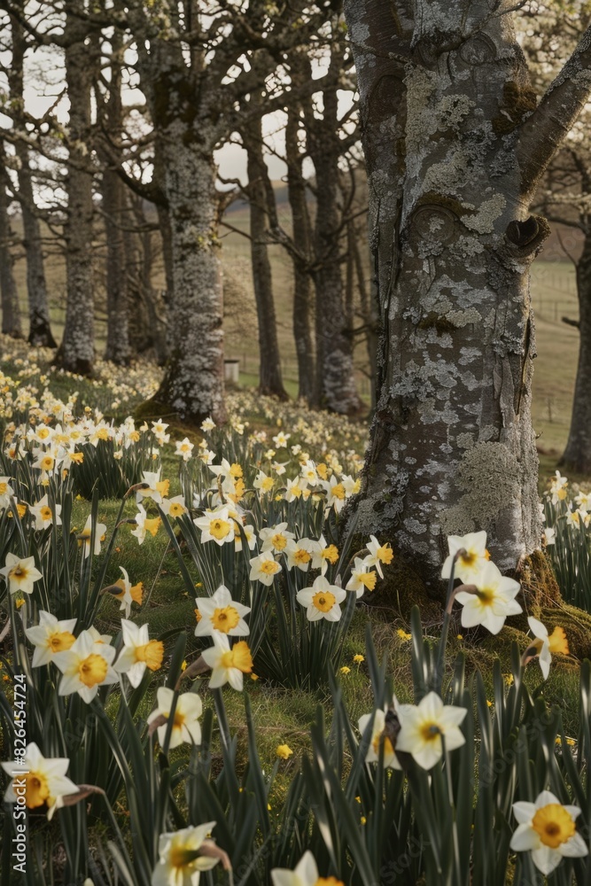 Borders. Abundance of Daffodils Blooming Around Trees in Springtime at ...