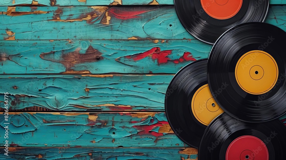 nostalgic retro music concept with colorful vinyl records on aged ...