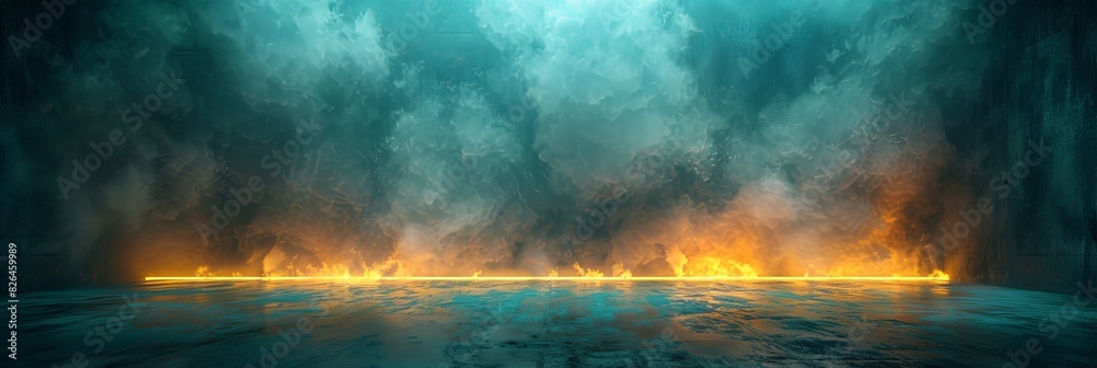 Fire strip with smoke in concrete room background. Grunge stone floor ...