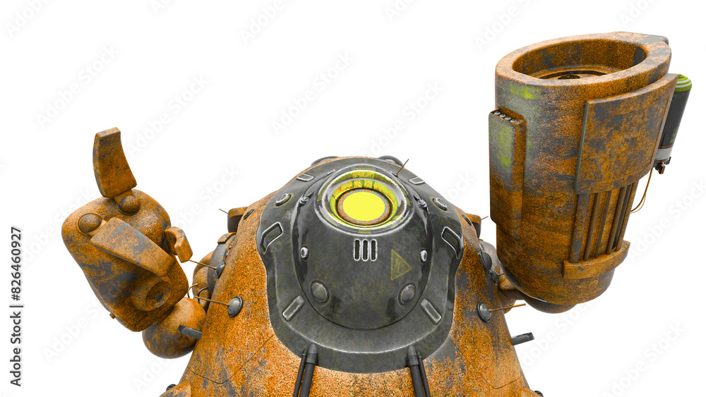 heavy metal mech ball is saying hey you there on white background ...