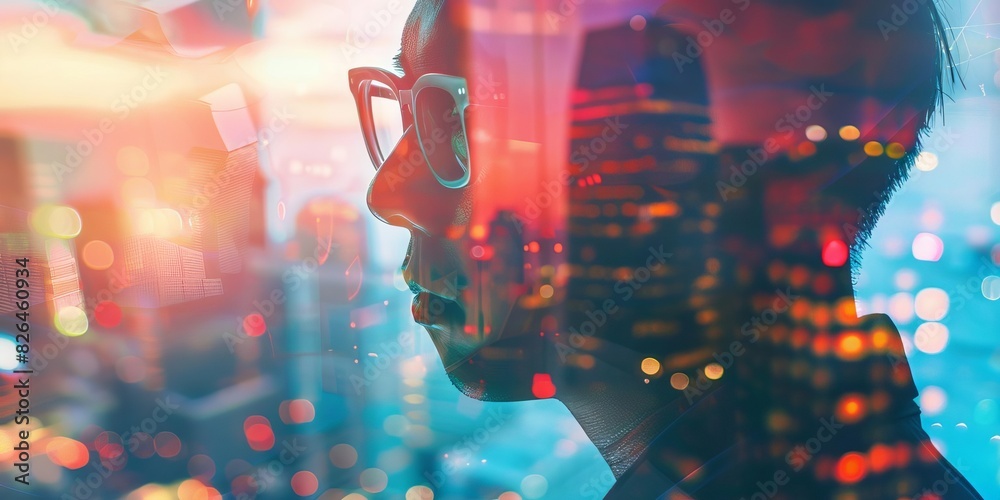 Banker with glasses, close up, focus on, lively colors, double exposure ...