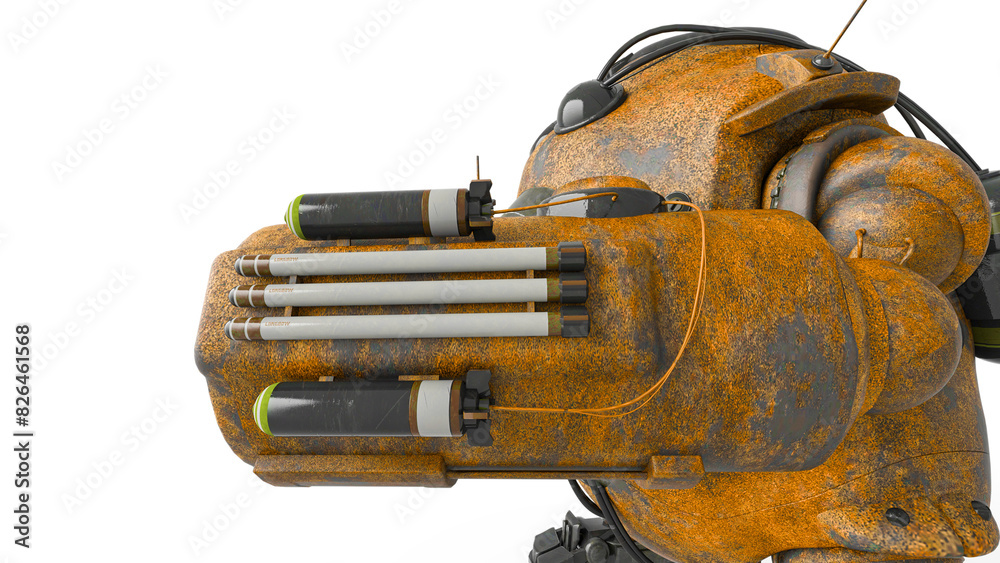 heavy metal mech ball is saying hey you there on white background side ...