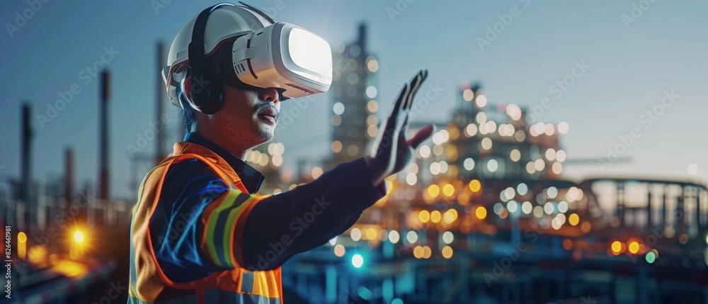 Engineer wearing virtual reality headset interacting with industrial ...