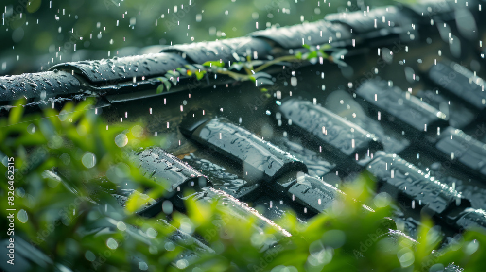 Rainfall in close-up on a roof, highlighting the texture and movement ...