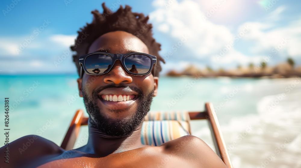 Happy young black man relaxing on deck chair at beach wearing ...