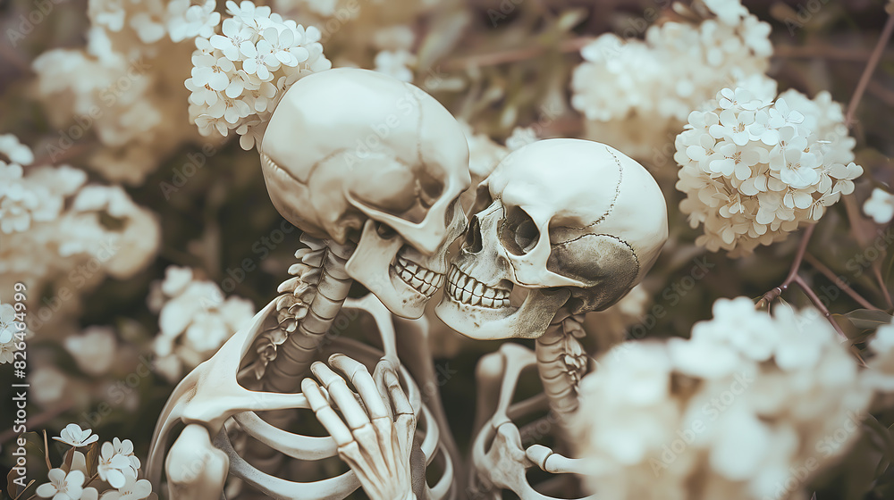 Two skeleton man and woman holding hands and kissing the skull from ...