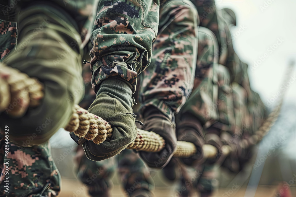 Military soldiers climbing rope during obstacle course in boot camp ...