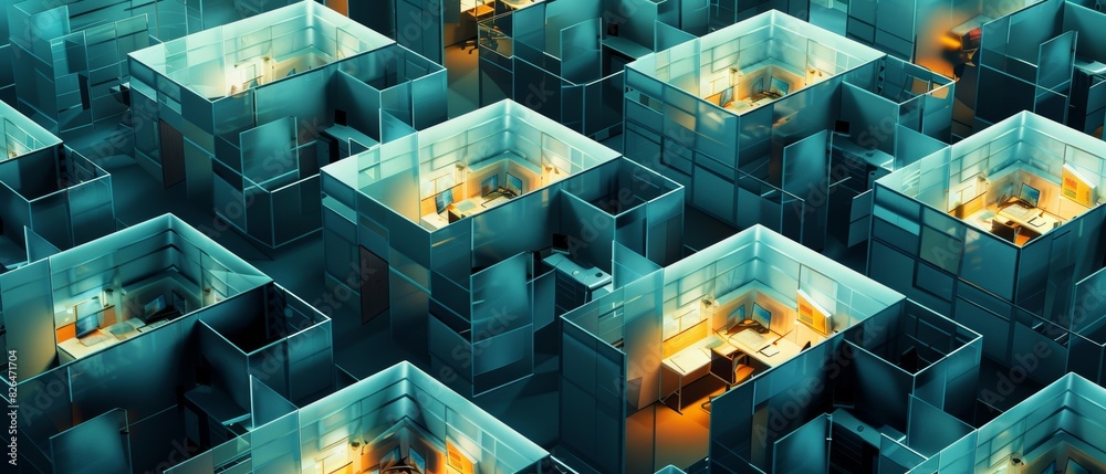 Aerial view of a modern office cubicle layout at night, showcasing ...