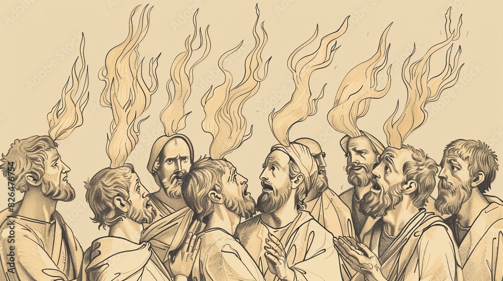 Sermon of Peter at Pentecost, Flames Above Disciples' Heads, Crowd ...