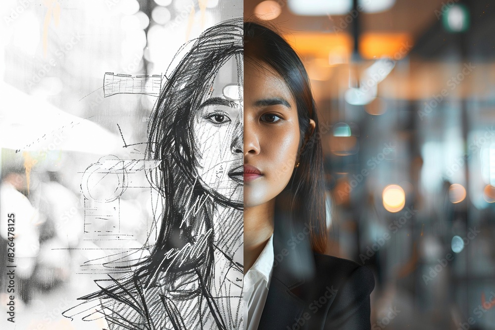 Split Reality: A business woman captured in a dynamic atmosphere ...