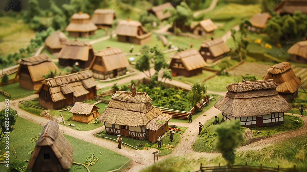 A traditional Japanese village with thatched roof houses and rice ...