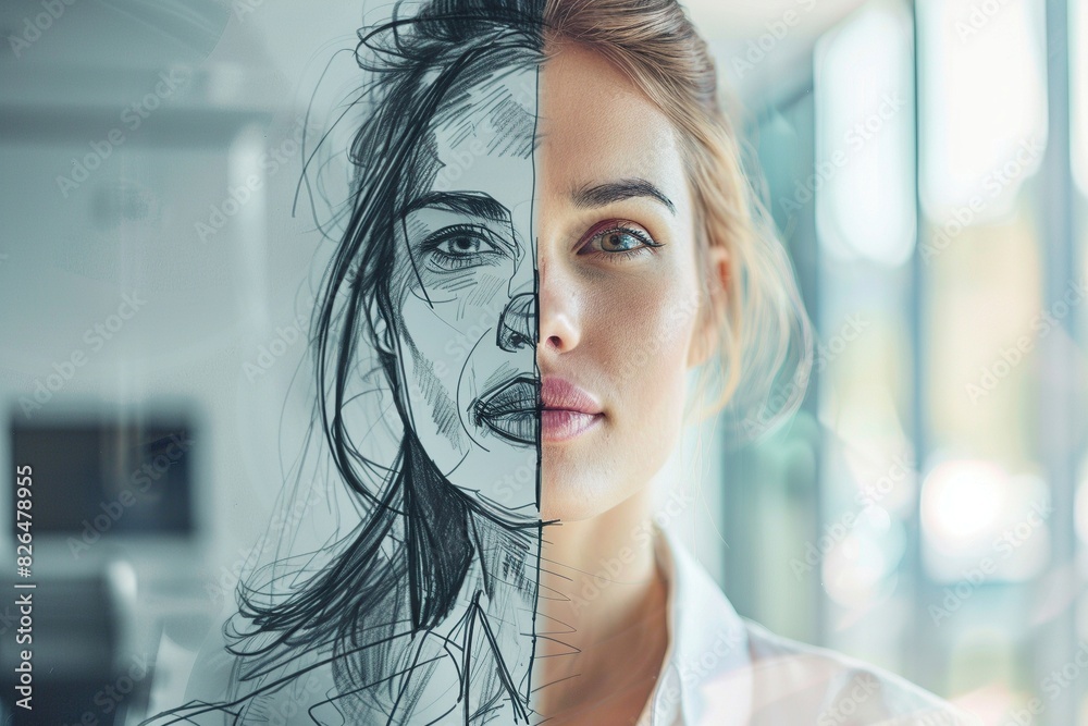 Creative Duality: A professional woman, depicted in a split-screen image. The right side shows a ...