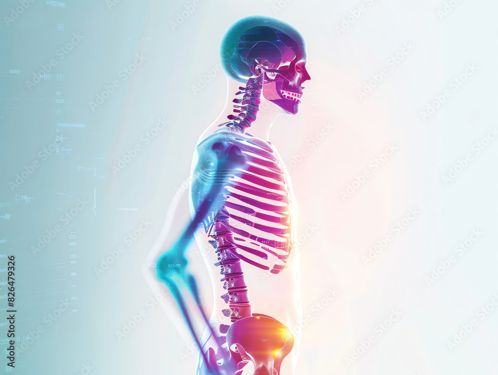 Digital illustration of a human skeleton side view with a futuristic ...