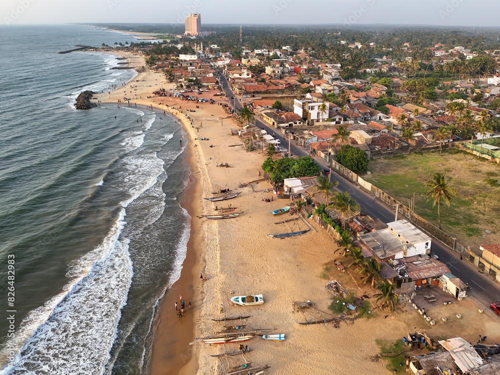 Aerial view of beautiful coastal beach with fishing boats, Negombo, Sri ...