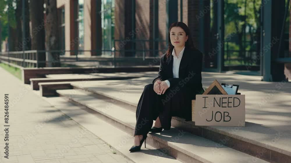 Portrait of the sad caucasian businesswoman sitting on the stairs ...