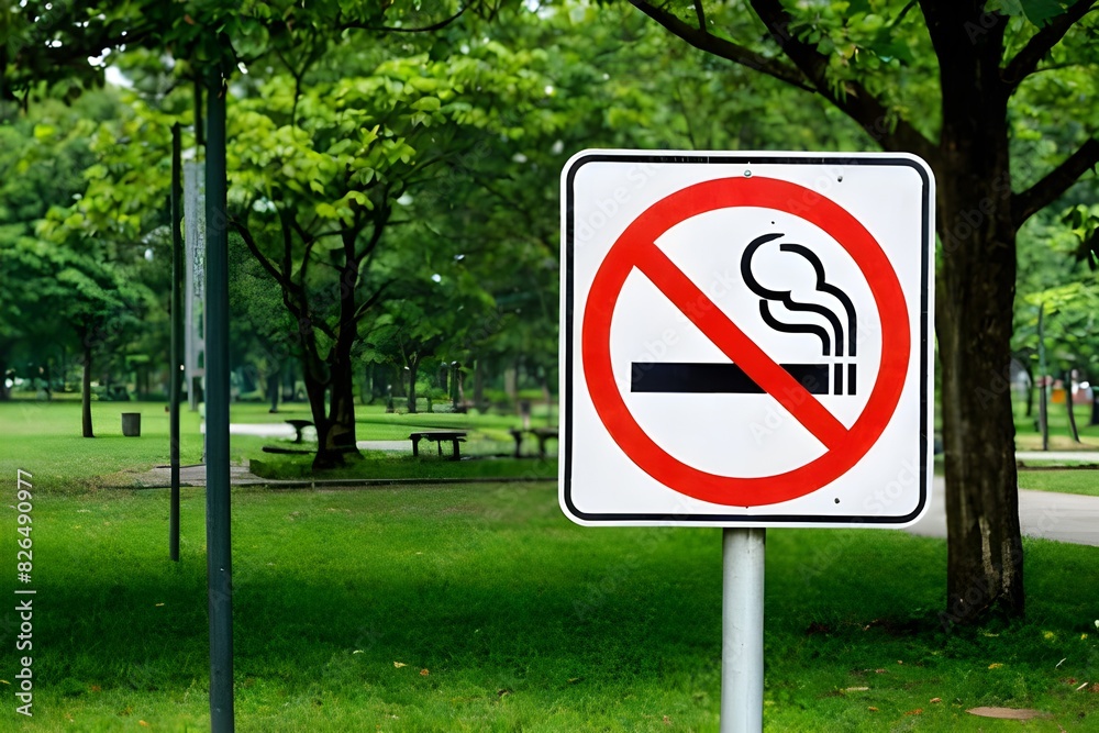 No Smoking Sign with steel pole is in a Public Park. No Smoking Sign ...