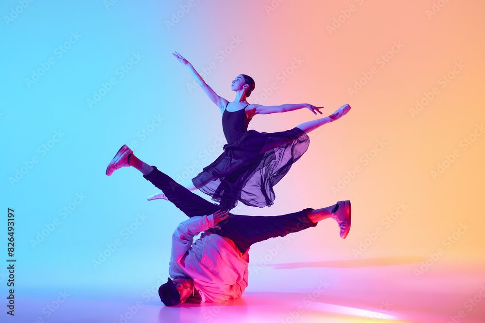 Visual Dance Symphony. Grace of ballet and agility of breakdancing, man ...