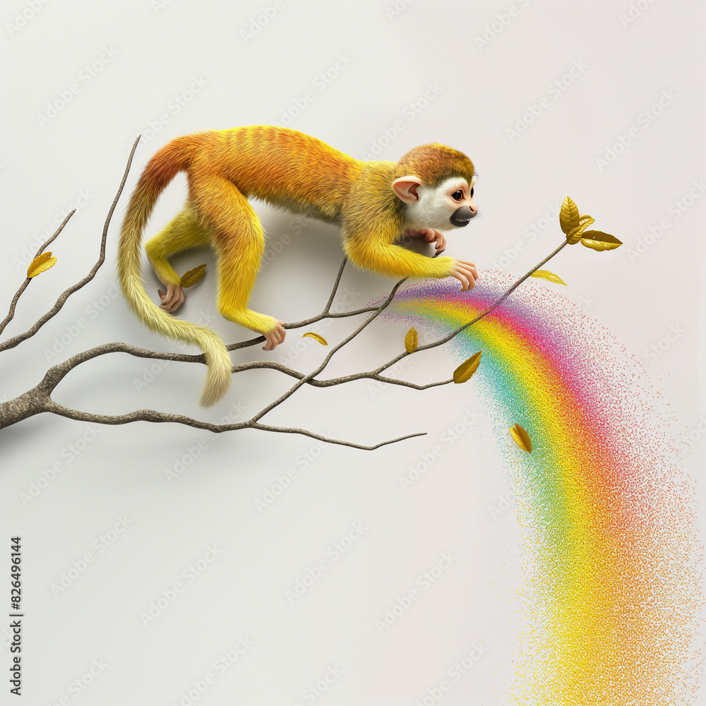 24 - Show a 3D squirrel monkey leaping between branches with a rainbow ...