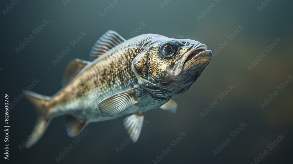 A largemouth bass fish with a green background. The fish is facing the ...