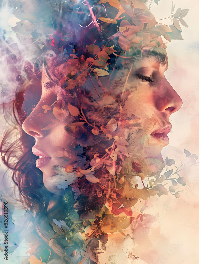 A beautiful and detailed painting of two faces, one male and one female ...