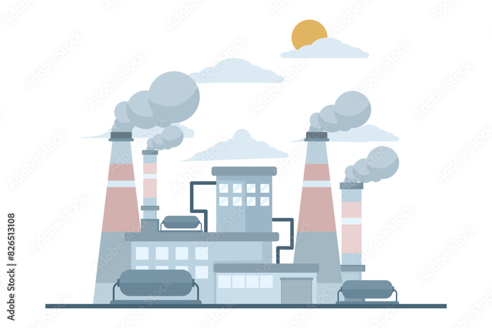air pollution concept, factory with polluting CO2 cloud smoke isolated ...