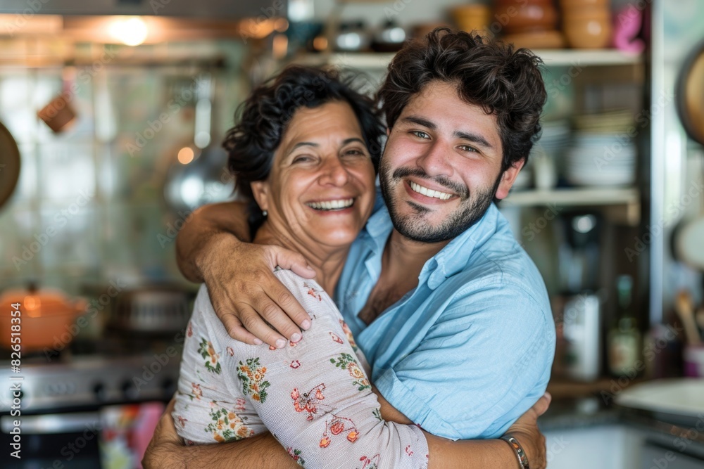 Cheerful Man Embracing His Mature Mother in the Kitchen. Bonding Moment ...