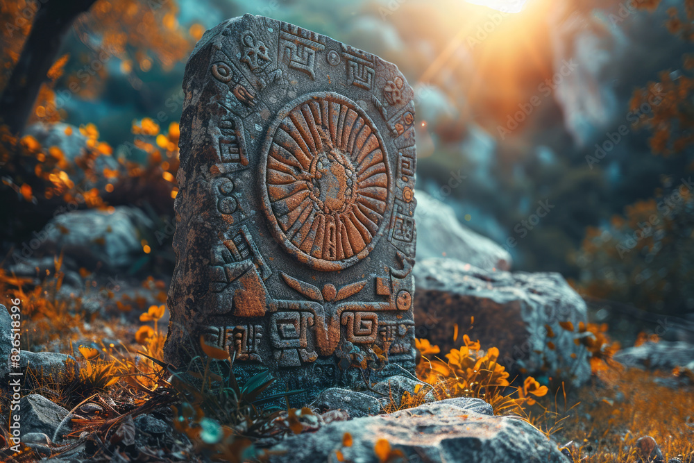 Poster, Foto Illustration of a stone tablet with intricate carvings of ...