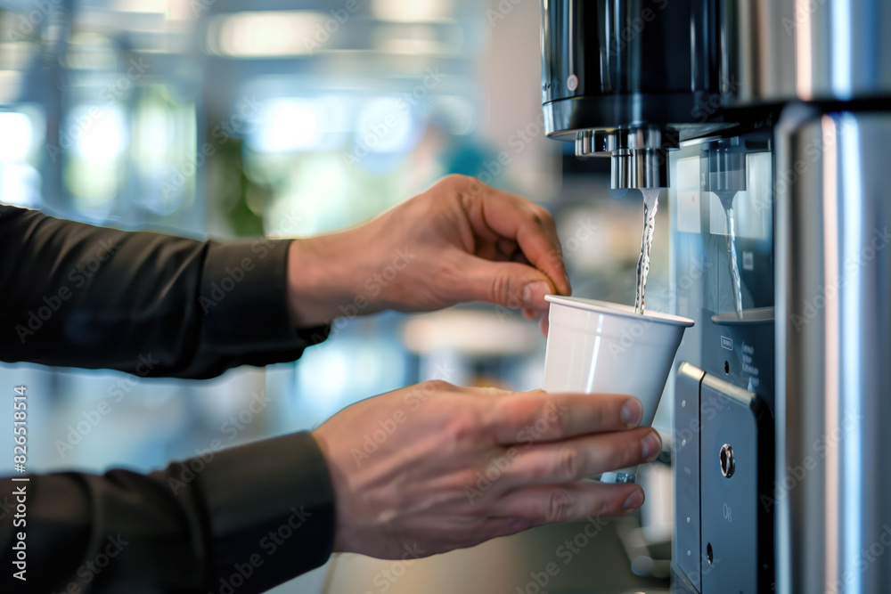 employee's hands filling a cup from a water dispenser in an office ...