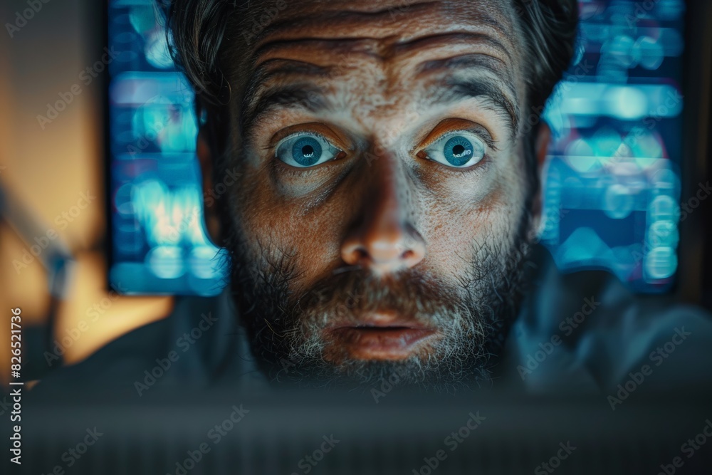 Man with beard and blue eyes stares at computer monitor. Concept of ...