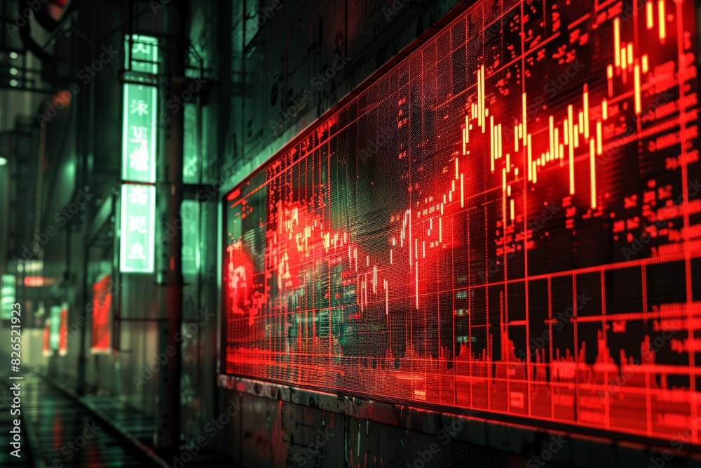 A red screen with a lot of numbers and lines on it. Scene is tense and ...