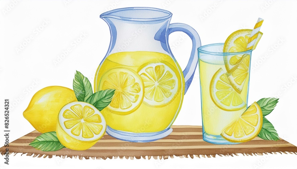 Watercolor hand drawn lemonade drink in decanter and glass ...