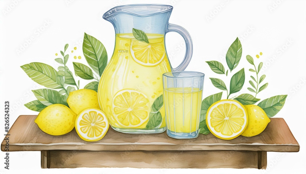 Watercolor hand drawn lemonade drink in decanter and glass ...