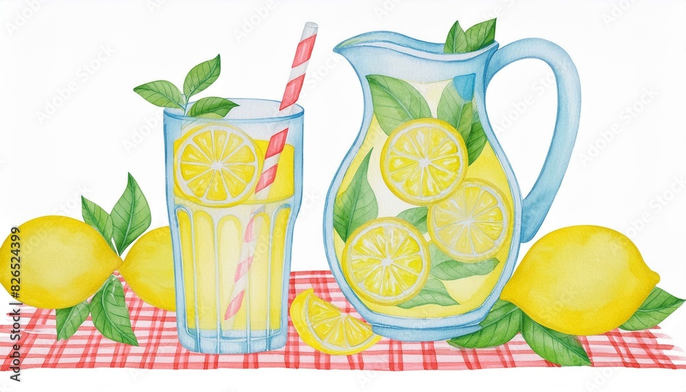 Watercolor hand drawn lemonade drink in decanter and glass ...