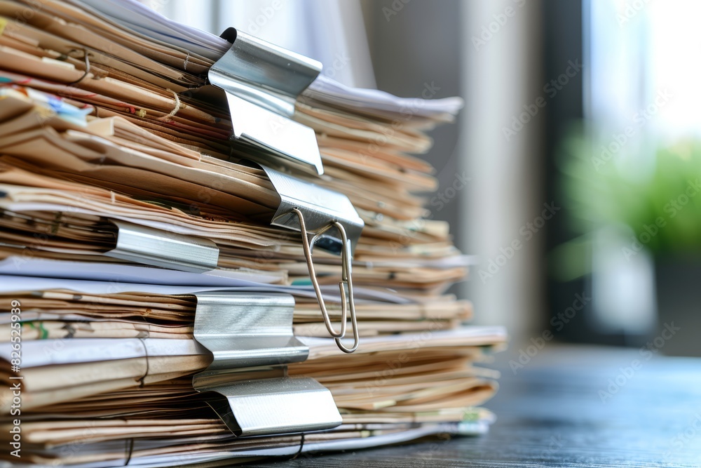 Closeup of a stack of papers with a paperclip, detailed textures ...