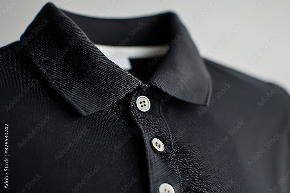 Closeup of a black polo shirt, detailed collar and buttons, white ...
