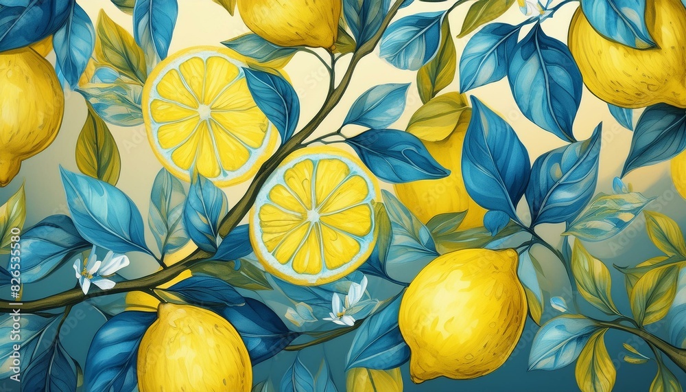 Digital yellow and blue lemon pattern illustration poster web page PPT ...