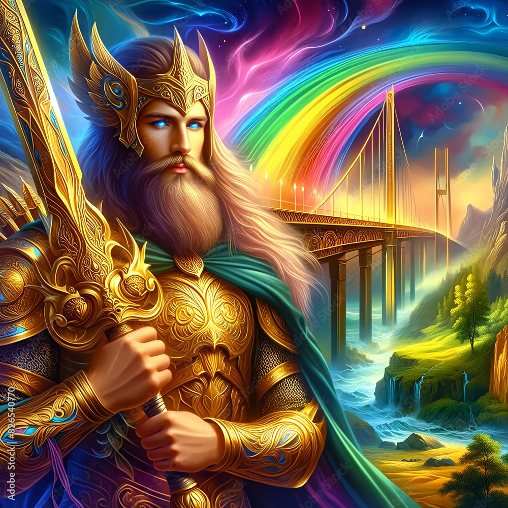 Heimdall, Guardian of Asgard and the Rainbow Bridge. Golden armor. He ...